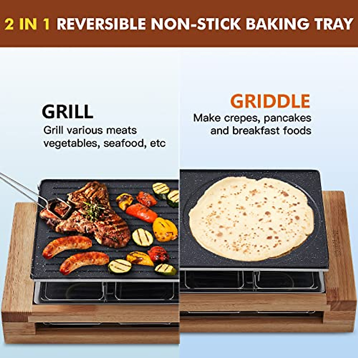 Indoor Grill, COKLAI Raclette Table Grill, 1500W Electric Grill Korean BBQ Grill with 2 in 1 Reversible Non-stick Plate, Cheese Raclette with 8 Trays & Wooden Spatulas, Wooden Base, New Model
