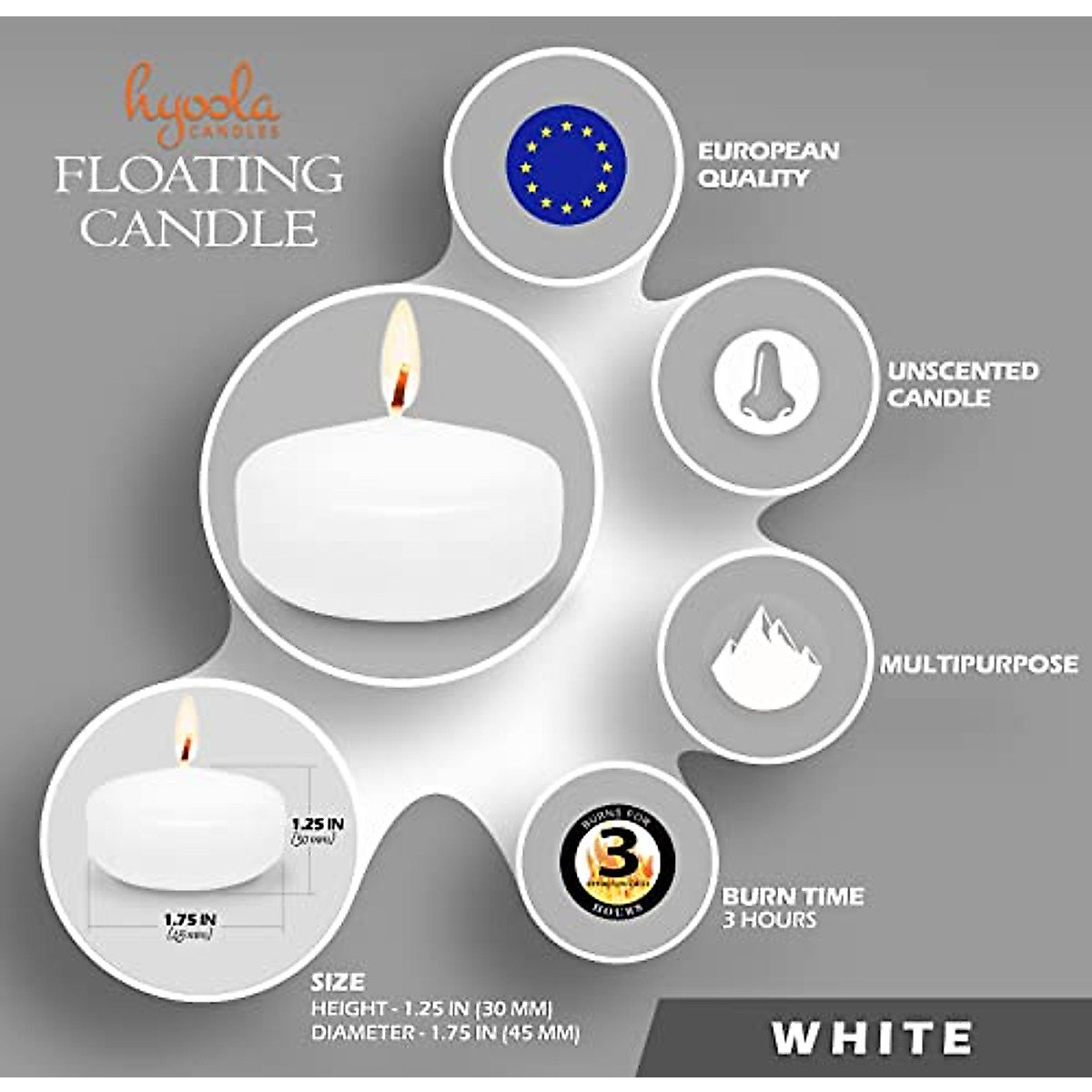HYOOLA Premium White Floating Candles 1.75 Inch - 3 Hour - 20 Pack - European Made
