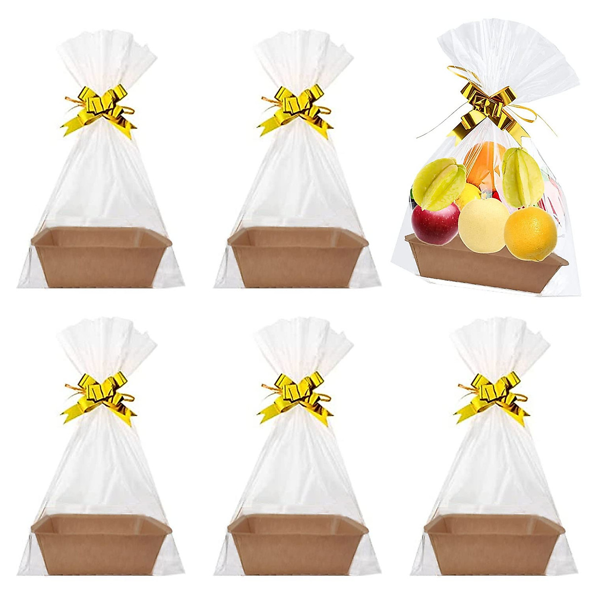 Valentine's Day Baskets For Gifts Empty, 12 PCS Sturdy Diy Kraft Market Tray Cardboard Basket To Fill Bulk with 12 clear plastic bags, 12 PCS gold bows for Valentine's Day,Easter, Birthday,Wedding
