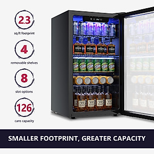 Icyglee Beverage Refrigerator Cooler - 126 Can Mini Fridge with Glass Door Freestanding for Soda Beer or Wine, Beverage Cooler for Home, Office, Bar with Adjustable Removable Shelves, Silver.
