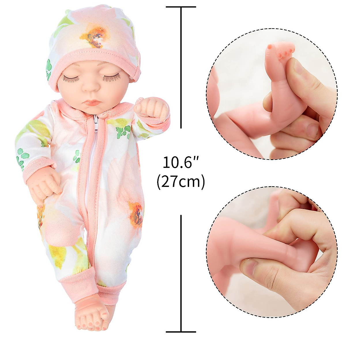 XFEYUE 10 Inch Newborn Reborn Baby Doll and Clothes Set Washable Realistic Soft Silicone Sleeping Baby Doll with Beautiful Flower Pattern Jumpsuit and Hat-Best Gift for Kids Girls