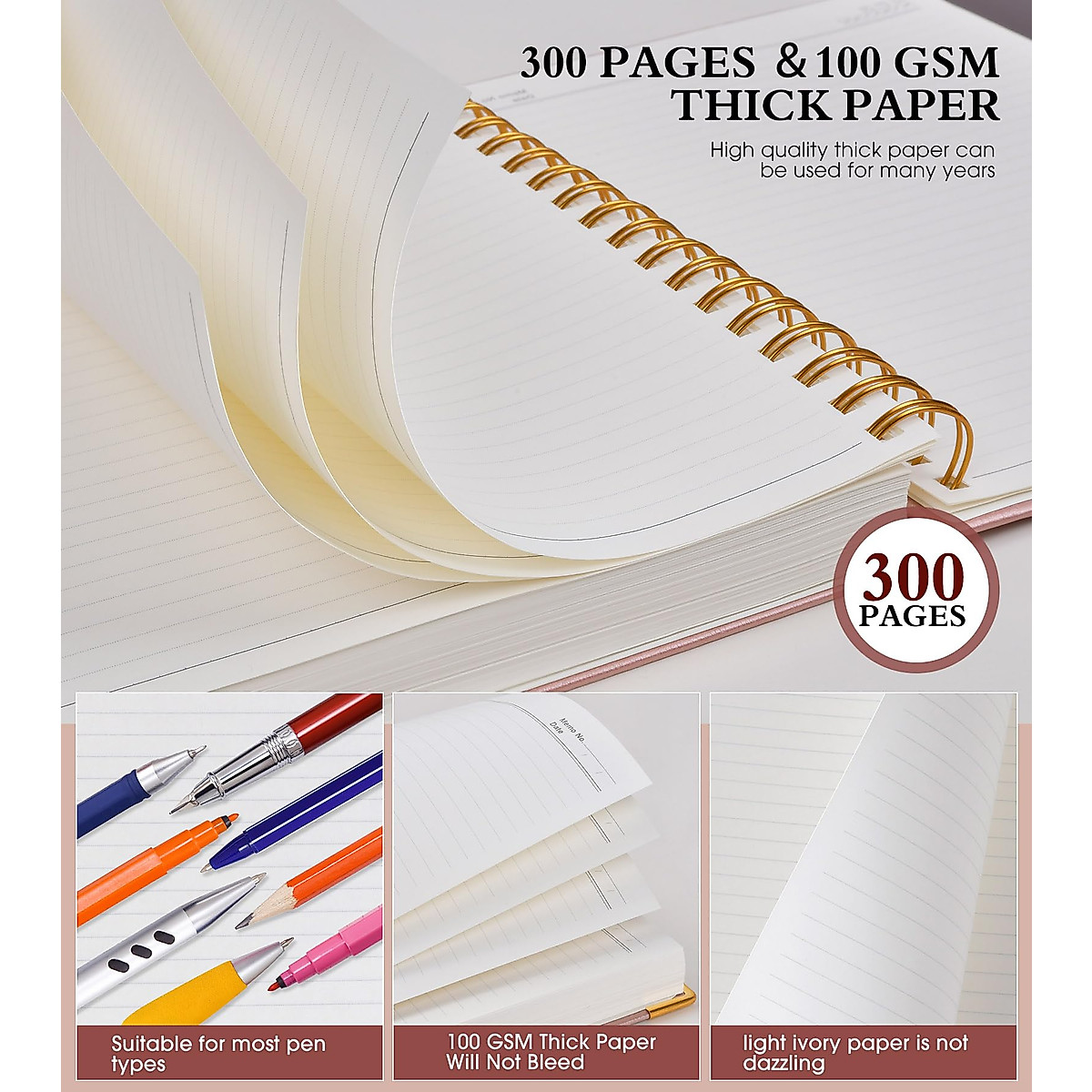 Spiral Notebook Journal 8.5” x 11”, 300 Pages Hardcover Leather Lined Journals for Women Men, A4 Large College Ruled Notebooks with 100 GSM Thick Paper, Spiral Journal for Writing Work School, Pink