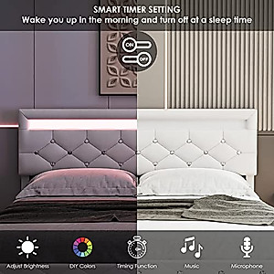 Modern Upholstered Platform Bed Frame with LED Headboard, Faux Leather Low Profile Platform Bed Frame, Strong Wood Slat Support, Adjustable Upholstered Headboard, Easy Assembly, White, Queen Size