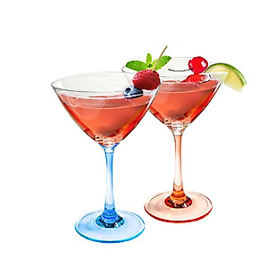 Lily's Home Unbreakable Plastic Martini Glasses with Colored Stem. Made of Shatterproof Polycarbonate Plastic and Ideal for Indoor and Outdoor Use, Reusable (9 oz. Each, Set of 4)
