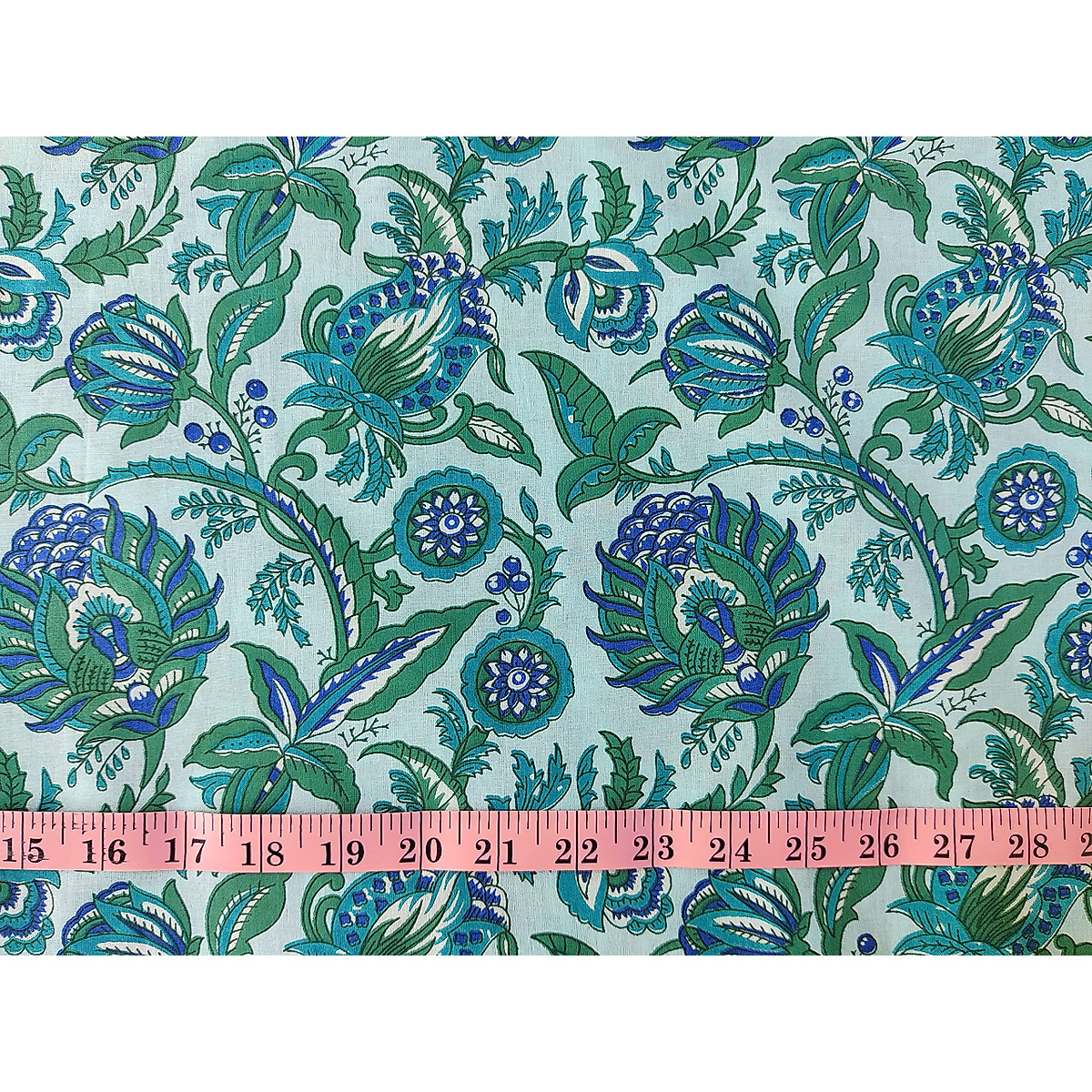 Craftbot Hand Block Print Fabric by The Yard - PRECUT 3 Yards 42 inch Width - 100% Cotton Material - Green Floral Pattern - Light Weight Indian Cloth for Making Kurti Summer Dress Salwar Kameez etc