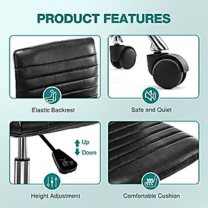 JHK Armless Modern Office Desk Chairs, Low Back Ribbed PU Leather Home Task Chairs for Small Space, Living Room, Studying, Height Adjustable 360-Degree Swivel Rolling Vanity Chair with Wheels, Black