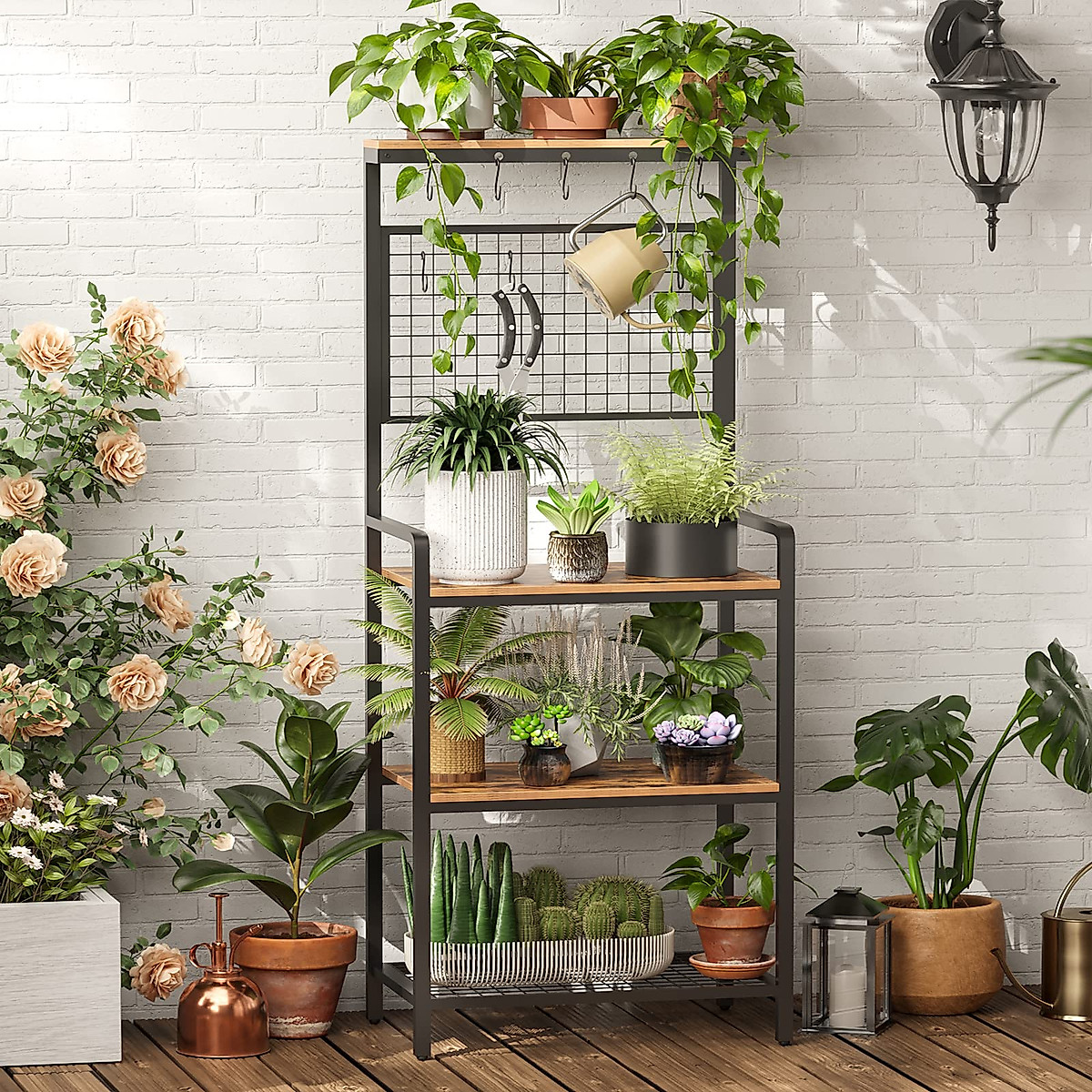 BEEWOOT Bakers Rack, Coffee Bar, Microwave Oven Stand with Shelf, Utility Storage Shelf for Spices, Pots, and Pans, Workstation with 11 Hooks, Stable Metal Frame, Rustic Brown BR01BB007