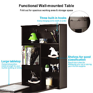 Tangkula Folding Wall Mounted Desk, Floating Desk with Chalkboard, Space Saving Fold Up Desk Wall Mounted Convertible Desk, Wall Mounted Table with Storage Shelves & Hooks (Espresso)