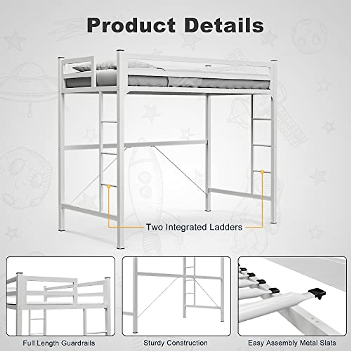 IKIFLY Junior Metal Twin Loft Bed Frame/Two Build-in Ladders & Safety Guard Rail - for Adults/Teens - Easy Assembly, Space-Saving Design - White
