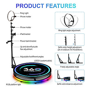 Foncusun 360 Photo Booth Machine for Parties with RGB Ring Light, Remote Control, Customizable Logo, 360 Slow Motion Photo Video Booth Machine for 1-3 People Stand 26.8inch PRO 68cm with Flight Case