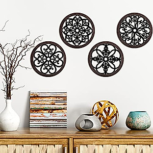 4 Pieces Thicken Rustic Wall Decor Farmhouse Wall Art Decor Wooden Hollow Carved Design Rustic Round Wall Art for Living Room Bedroom Hallway Decor Office Kitchen Wall Decoration (Black, Brown)