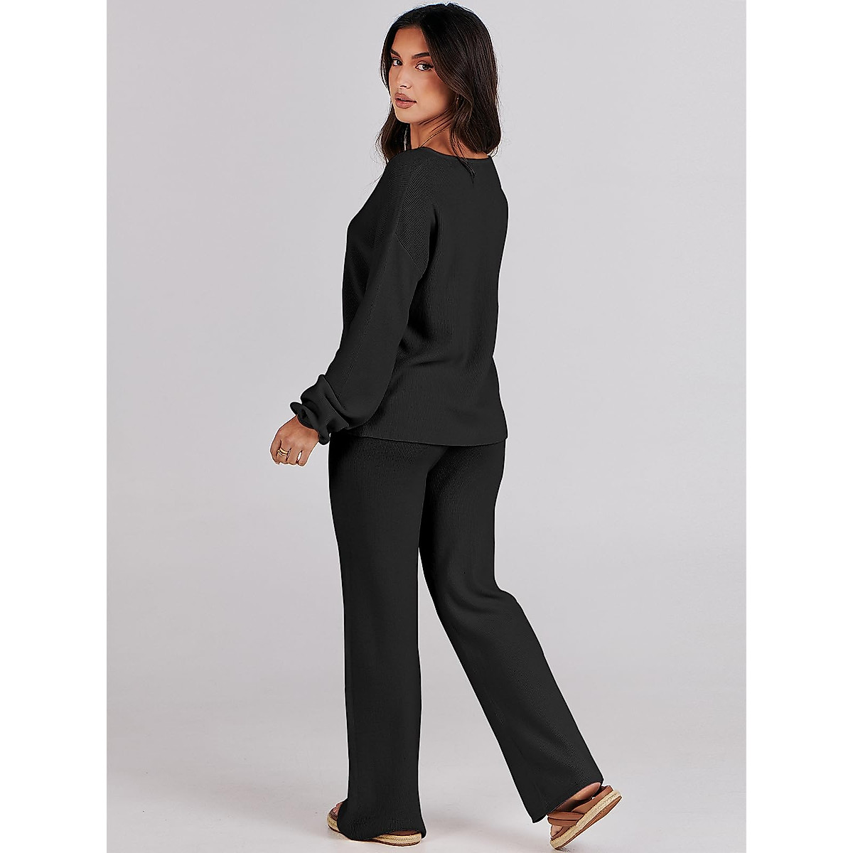 ANRABESS Women's Two Piece Outfits Sweater Sets Long Sleeve V Neck Knit Pullover and Wide Leg Pants Sweatsuit Lounge Set Black Large