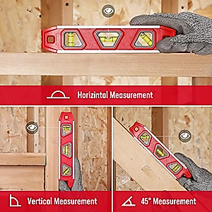 WORKPRO 9-Inch Torpedo Level Magnetic, Small Leveler Tool with 3 Different Bubbles 45°/90°/180° and Overhead Viewing Window, Shock Resistant Bubble Level V-Groove for Measuring plumbing, wood, etc.