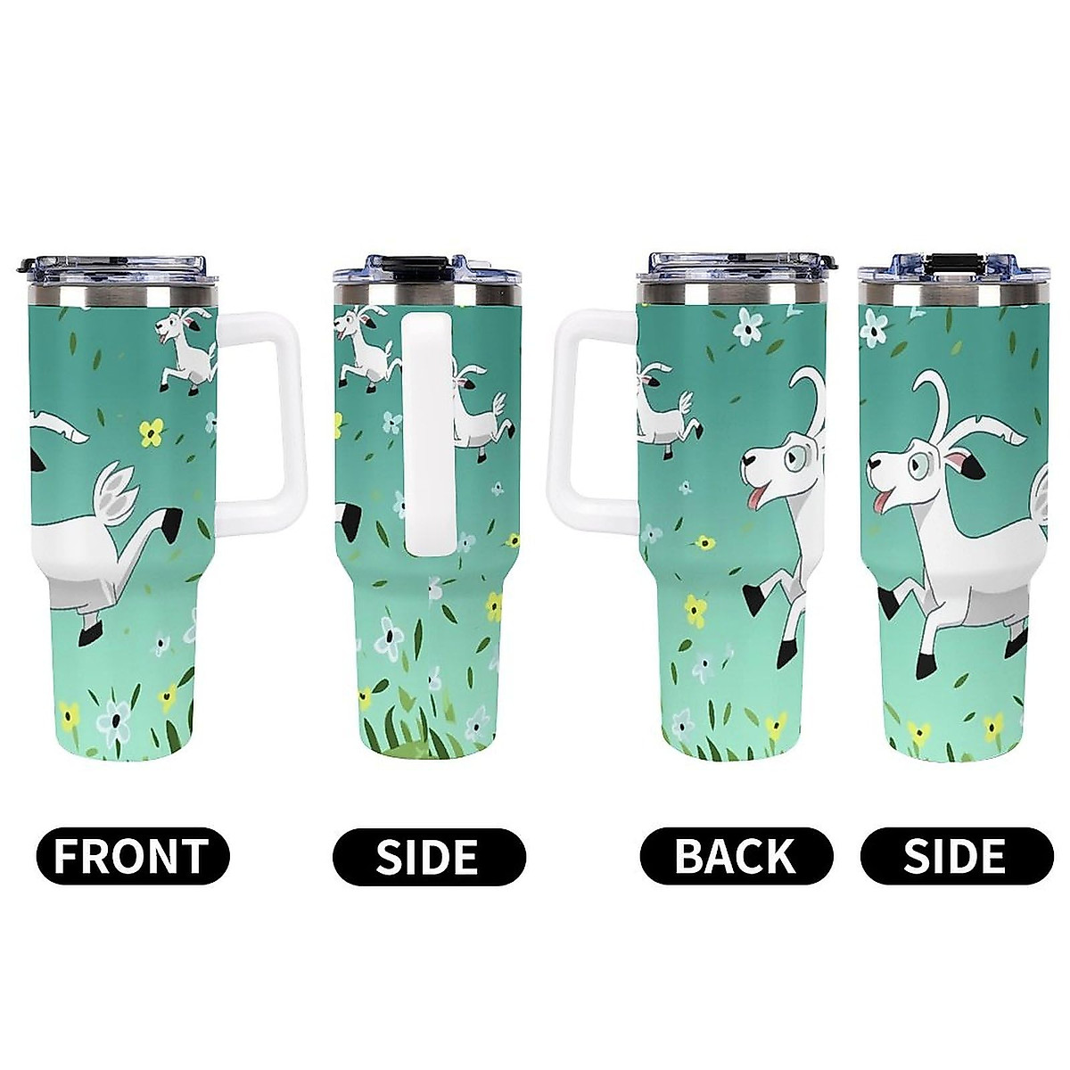DWVSFJM Goat Frolic Insulated Tumbler 40 Oz Stainless Steel Double Wall Vacuum Travel Mug Large Capacity Car Cup Reusable Coffee Cup with Handle And Straw Lid Gifts White