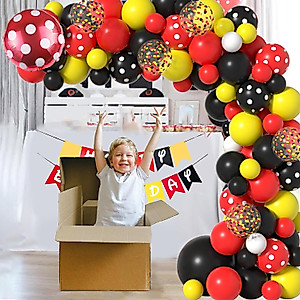 Cartoon Mouse Balloon Garland for Mouse Birthday Decorations - Mouse Balloons Arch with Confetti Polka Dots Balloons Red Black Yellow Balloon Arch Kit & Banners for Mouse Baby Shower Party Supplies