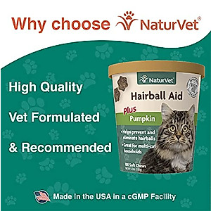 NaturVet – Hairball Aid Supplement for Cats - Plus Pumpkin – Helps Eliminate & Prevent Hairballs – 100 Soft Chews