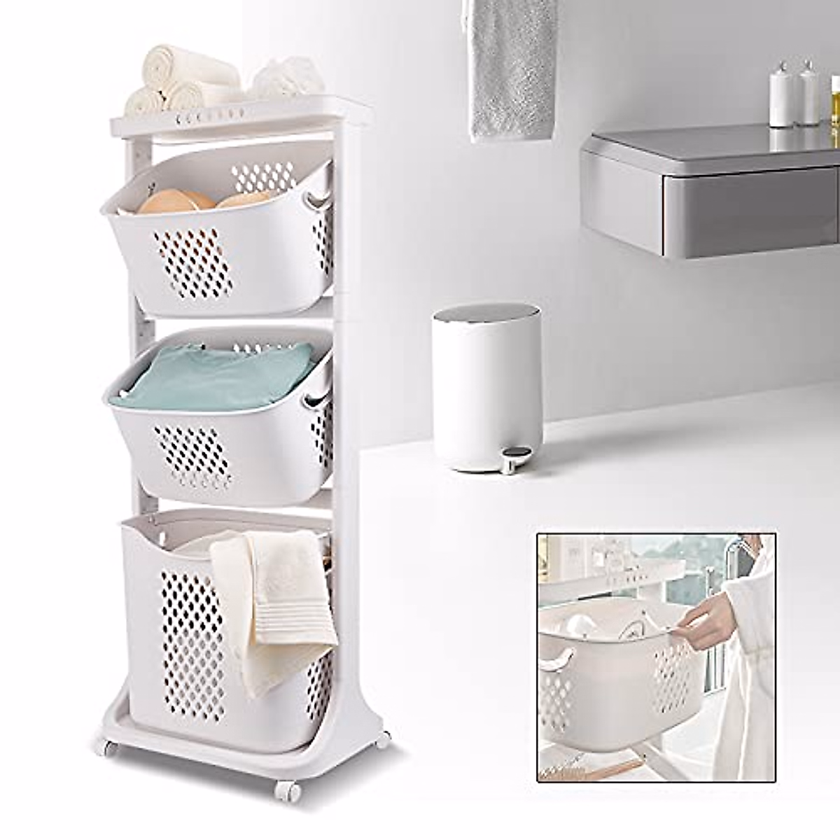 3 Tier Laundry Hamper Basket, Laundry Storage Basket Sorter Clothes Storage Organizer Shelf Rolling Cart 360° Rolling Laundry Storage Basket Dirty Clothes Organizer Shelves Beige