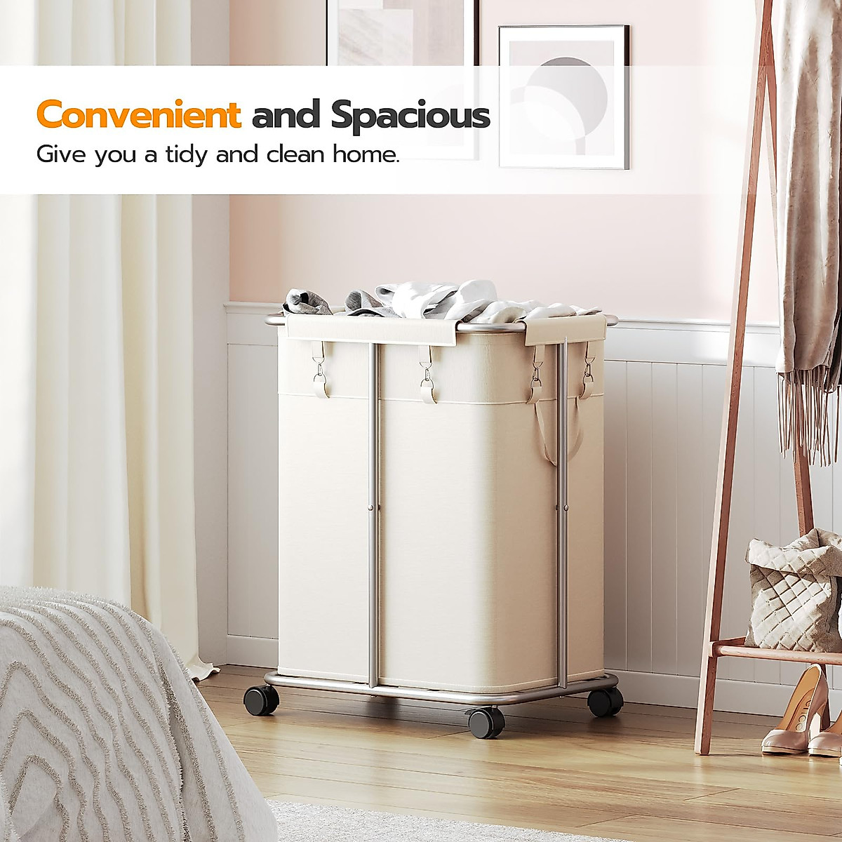 HOOBRO Laundry Basket with Wheels, 45 Gallons (170L) Rolling Laundry Hamper, Narrow Slim Laundry Sorter with Removable Oxford Fabric Bag, Laundry Room, Dorm Room, Bedroom, Beige and Silver SW05XY01