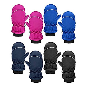 Hicarer 4 Pairs Kids Ski Gloves Waterproof Snow Gloves Winter Warm Mittens for Outdoor Activities (Black, Navy Blue, Blue, Rose Red, 5-8 Years)