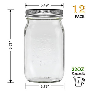 Encheng Wide Mouth Mason Jars 32oz,Clear Glass Mason Jars with Lids and Bands,12 Pack Quart Size Canning Jars with Metal and Plastic Lids for Preserving,Meal Prep,Fermenting,Jam