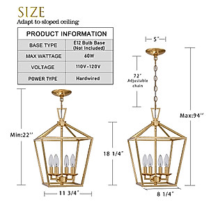 Untrammelife 4-Light Aged Gold Lantern Pendant Light, Adjustable Height Metal Geometric Light Fixture 12’’ Classic Cage Lantern Chandelier for Kitchen Island Hallway, Hand-Pasted Gold Foil Finish