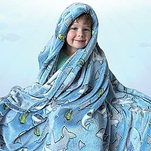 Shark Throw Blanket: Glow in The Dark, Cozy, Soft, Lightweight, Warm, 50" x 60" Fleece Shark Blanket for Boys and Girls with Hammerhead, Mako, Blue, Whale, and Great White Sharks! (Blue)