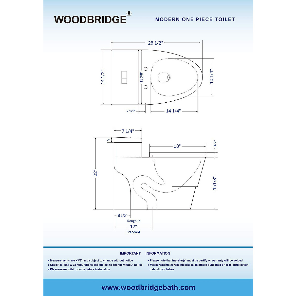 Woodbridgebath T-018 Dual Flush Elongated One Piece Toilet with Soft Closing Seat, Comfort Height, Water Sense