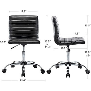 MCQ Armless Ribbed Home Desk Wheels, Faux Leather Office Adjustable Task, Mid Back Swivel Computer Chair, Jet Black
