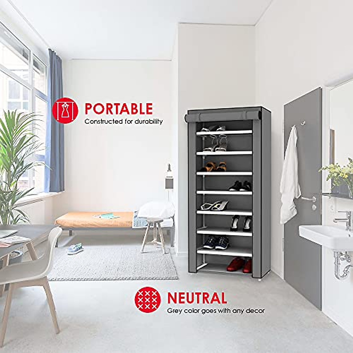 Sunbeam Multipurpose Portable Wardrobe Storage Closet Rack For Shoes and Clothing 7 Tier/Fits 24 Pairs of Shoes Heavy Duty Non Woven Material With Roll Down Cover (Grey)