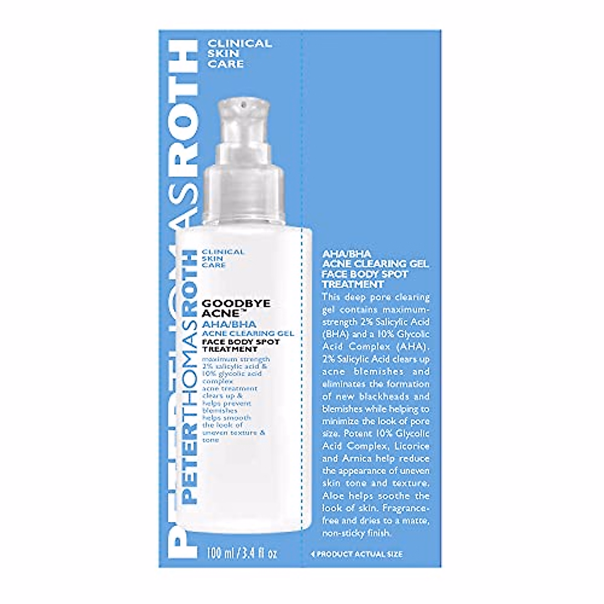Peter Thomas Roth | Goodbye Acne AHA/BHA Acne Clearing Gel | Face Body Spot Treatment, Maximum-Strength Acne Spot Treatment, 3.4 Fl Oz (Pack of 1)
