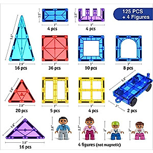 Magnetic Tiles 125 PCS + 4 FIGURES, Magnetic Tiles for Kids, Toy for 3 4 5 6 7 Year Old Boys & Girls, Educational Construction STEM Toy, Magnetic Tiles Building Set, Great Gift for Kids Aged 3-8