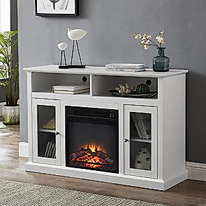 GOOD & GRACIOUS Modern Electric Fireplace TV Stand for 55 Inch TV Living Room Media Entertainment Center with Tempered Glass Storage Cabinet Wood Tall TV Console for Bedroom, 48 Inch,Painting White