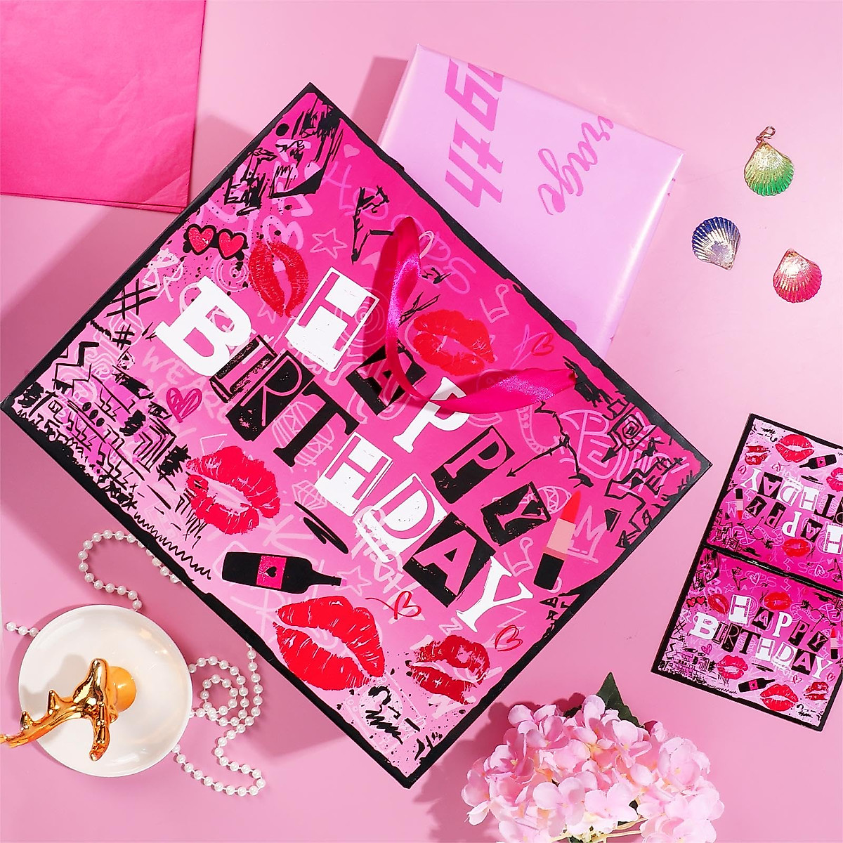 11.8”Large Pink Gift Bag for Girls Birthday, Happy Birthday Gift Bag with Greeting Card Tissue Paper Pink Black Women Birthday Gift Wrapping Paper Bags for Girl Birthday Decorations Party Supplies