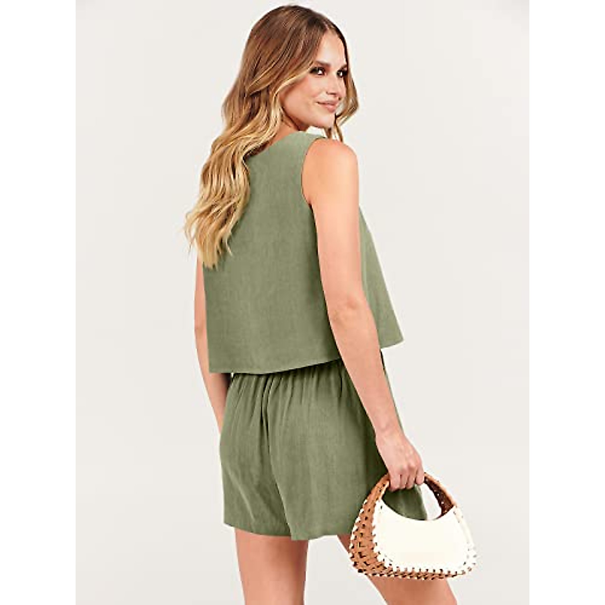 ANRABESS Womens 2 Piece Outfits Linen Square Neck Crop Short Set Lounge Matching Sets 2023 Trendy Clothes Summer Vacation Set for Beach Vacation Resort 997zhonglv-M