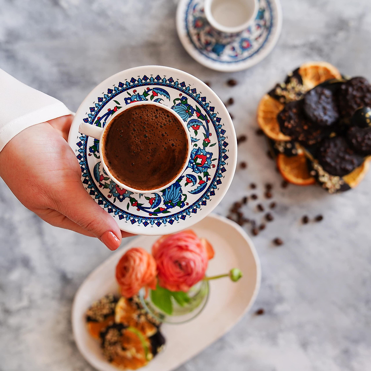 Turkish Coffee Cup Set - Turkish Coffee Cups Set of 2 with Saucers and Cup Holder for Home Office, Ceramic Keeps Coffee Warm, Dishwasher-safe, Create happy times with the patterned coffee mug set.