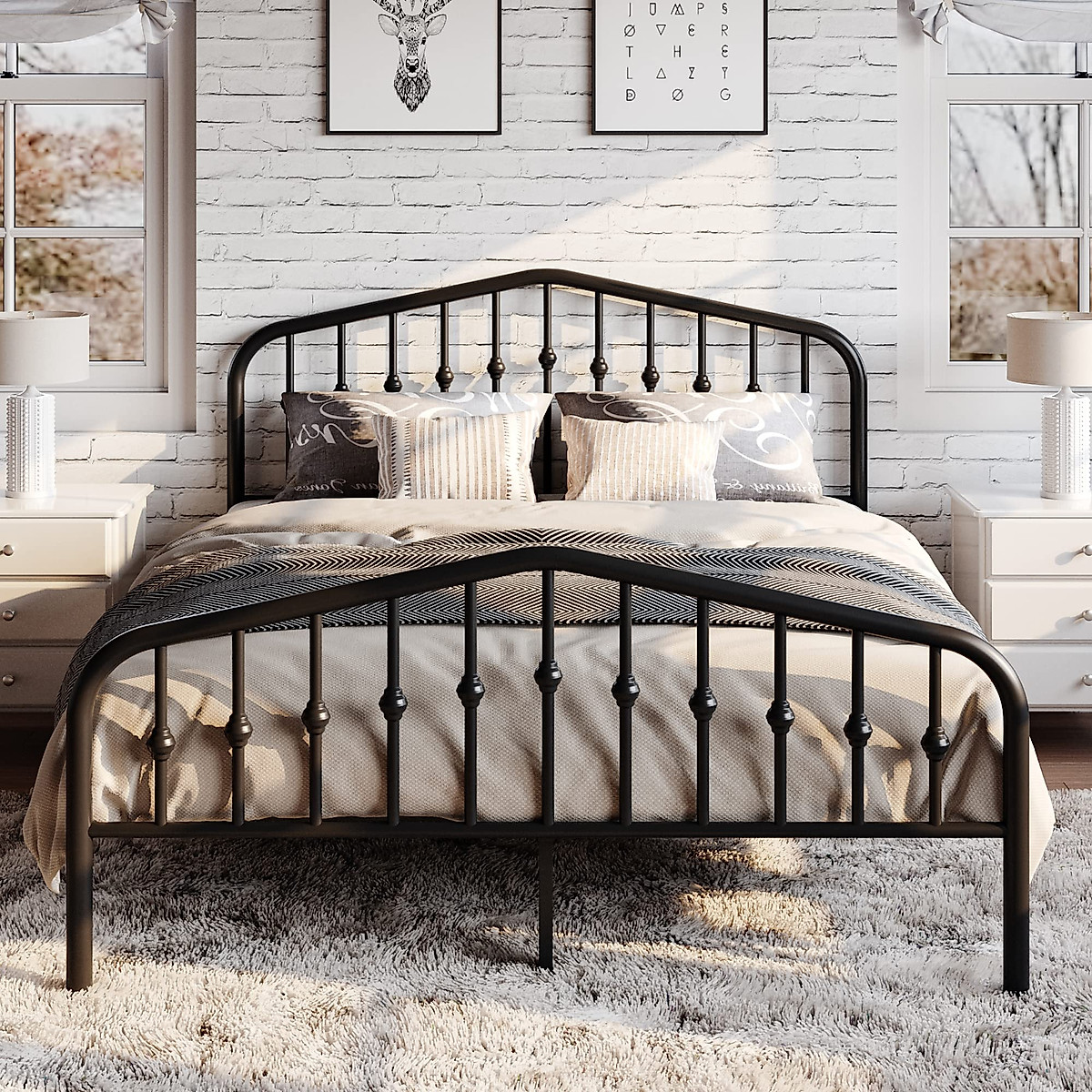 SHA CERLIN Full Size Metal Platform Bed Frame with Victorian Style Wrought Iron-Art Headboard/Footboard, No Box Spring Required, Black