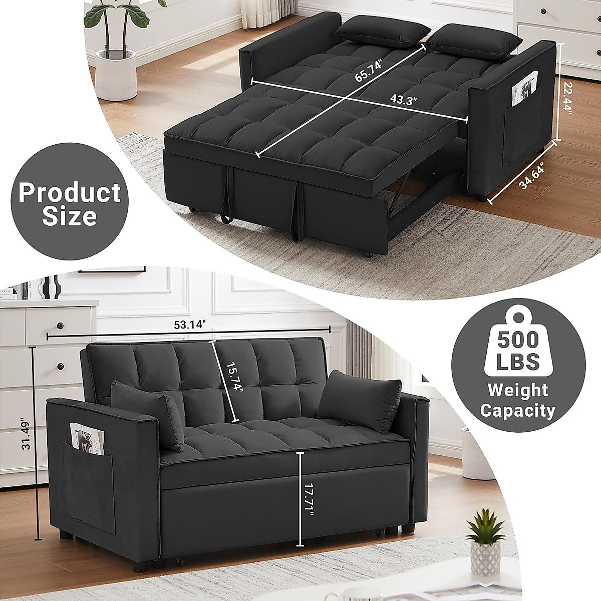 Rovibek 3 in 1 Sleeper Sofa Bed, Pull Out Couch, Convertible Futon Loveseat with krest, Dinotefuran Living Room Chaise Lounr Home Apartment Office, Black