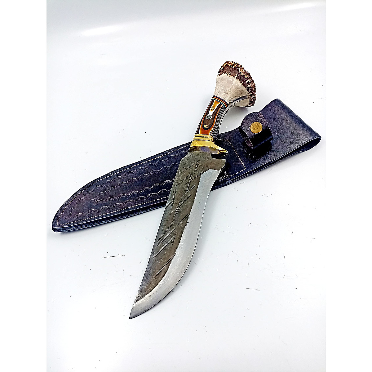 Antler Bowie Knife , 5160 Forged Steel Hunting Knife with Leather Case , Survival Knife , Camping Knife , Tactical Fixed Blade Knife , Collectible Knife , Collectors Knife