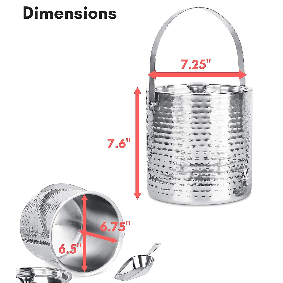 BirdRock Home Ice Bucket with Scoop & Lid - 2.8 Liter Hammered 18/8 Stainless Steel Container for Bar - Double Wall Insulated Bucket with Carrying Handle - Great for Parties - (Silver)