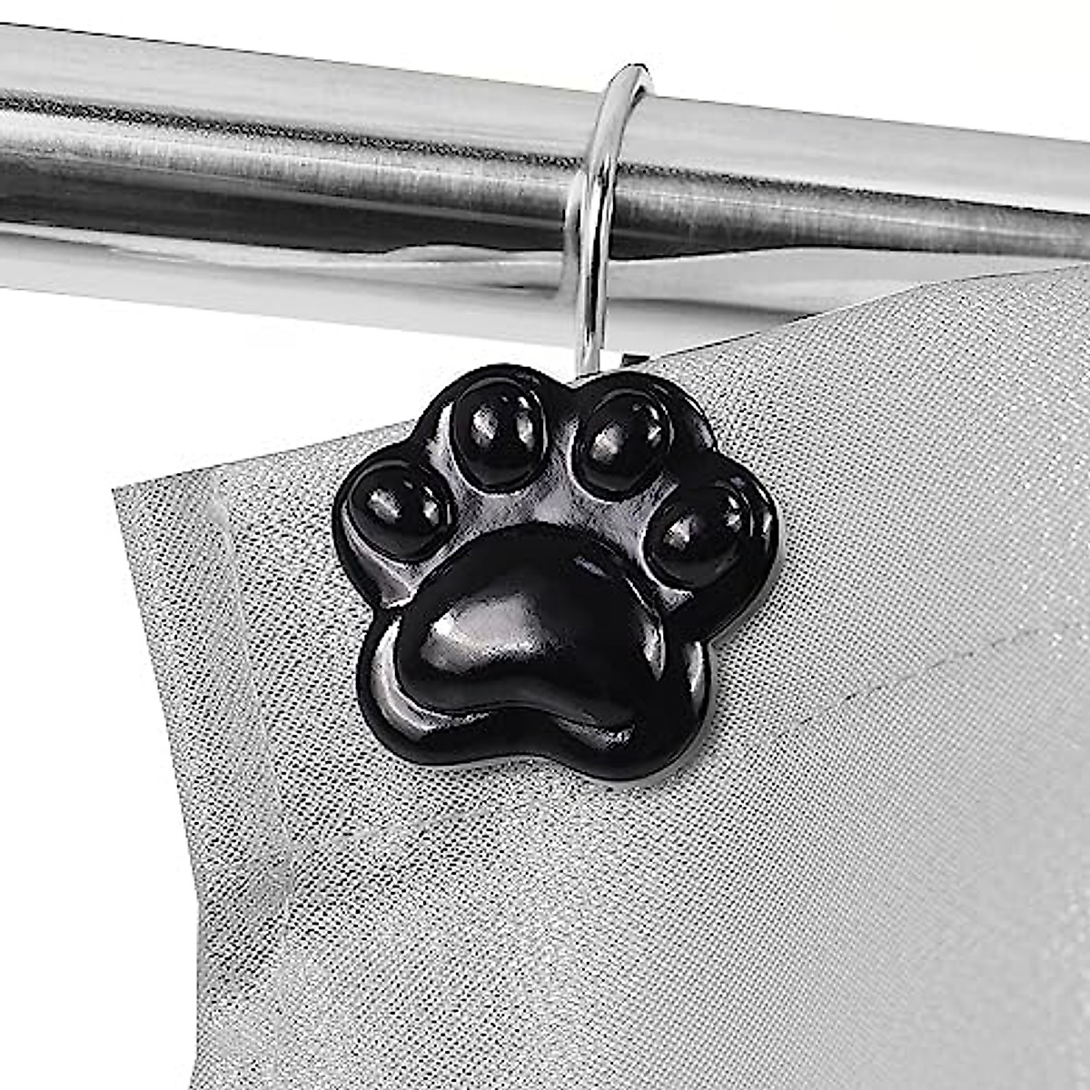 Black Decorative Shower Curtain Hooks: Cute Lovely Funny Cat Dog Bear Animal Paw Print Shower Curtain Rings Hooks & Hangers for Kids Children Bathroom Décor - Set of 12