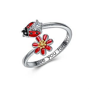 POPLYKE Ladybug Ring Jewelry for Women Sterling Silver Ladybug Daisy Rings Size (8)