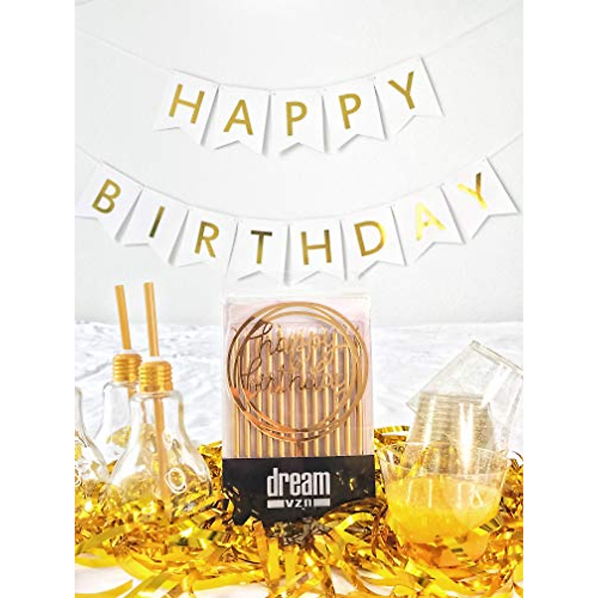 24 Count Tall Thin Metallic Gold Slow Burning Birthday Candles in Holders with Matching Elegant Classy Cake Topper for Special Custom Birthday Cake Cupcake Candle Decorations by Dream VZN