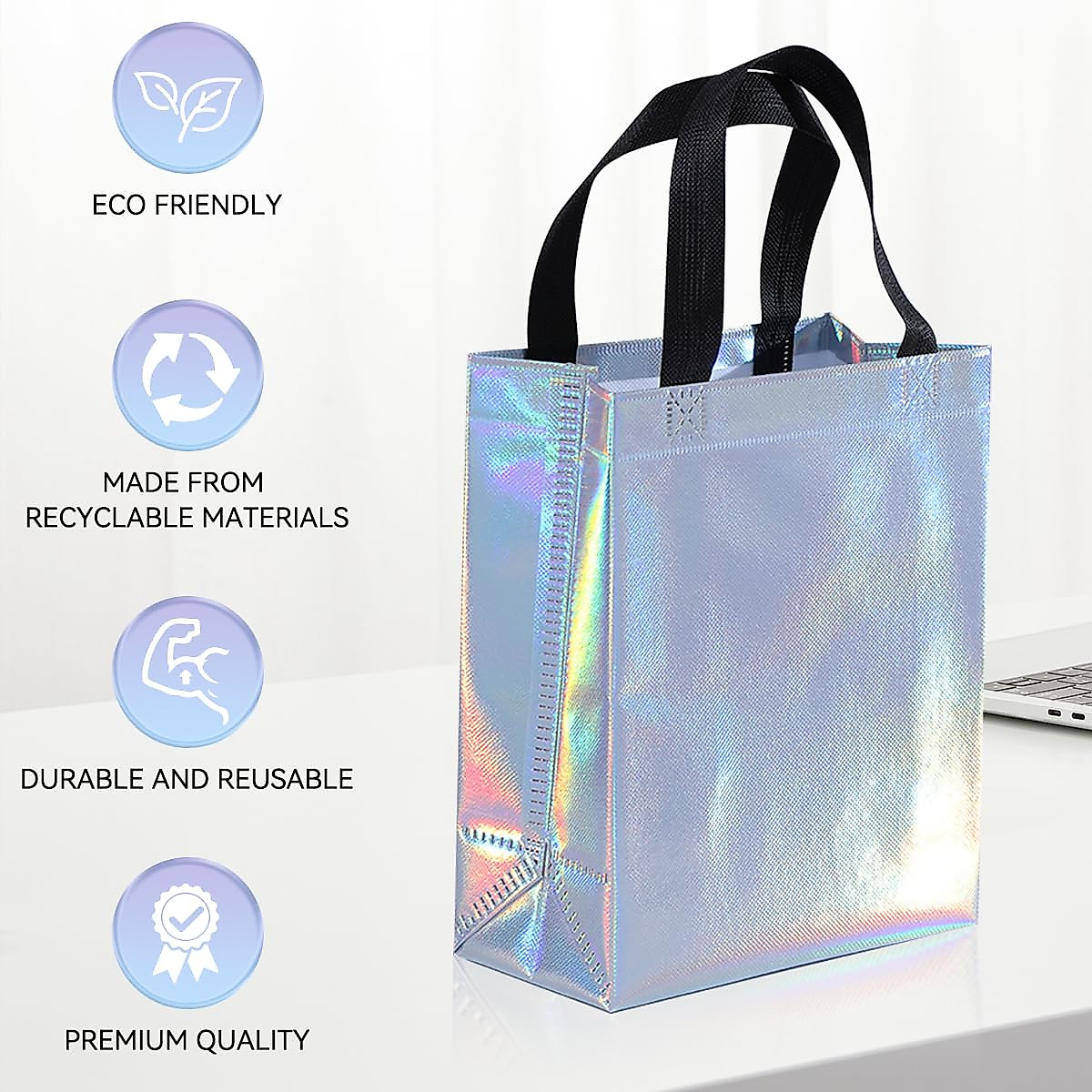 Reusable Gift Bags With Handles,Iridescent Gift Bags Set of 15 Medium Reusable Shopping Bags With for Party Favor Bags,Goodie Bags, Birthday Gift Bag 8x4x10 Inch