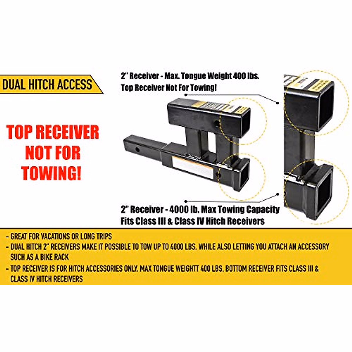 MaxxHaul 70070 Trailer Hitch - Dual Tow Hitch Extension Reciever - 4000 lbs. GTW Capacity , Black , Size: 2 inch