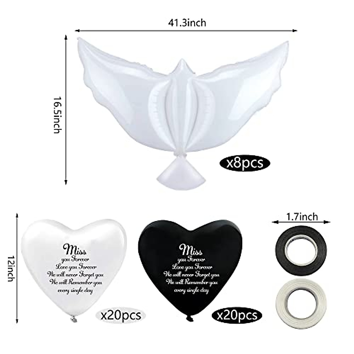 50 PCS Memorial Balloons Set with 40 PCS White and Black Memorial Balloons 8 PCS Peace Dove Balloons Pigeon Bird Balloons Funeral Remembrance Balloons 2 Rolls of Ribbons