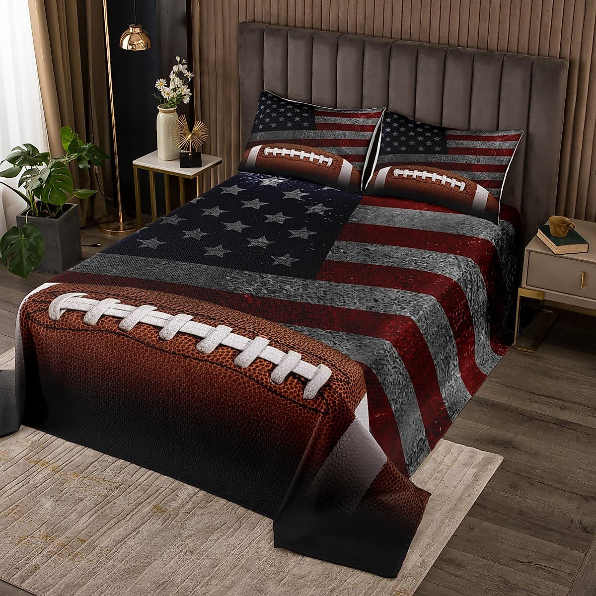 American Football Bedspread Twin Size for Kids Boys Men Room Decor Retro Style Star Stripes USA Flag Comforter Set 3D Rugby Ball Sports Bedding Set 2pcs Brown Black Quilt Set,1 Pillowcase