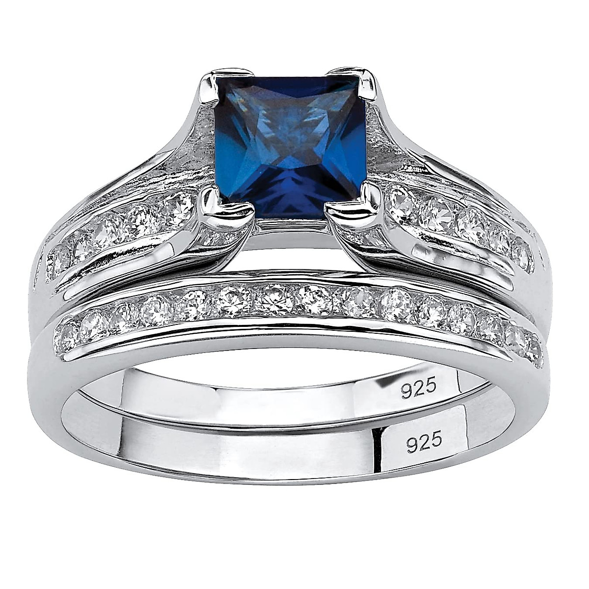 PalmBeach Jewelry Platinum Plated .925 Sterling Silver Princess Cut White Cubic Zirconia or Created Blue Sapphire Bridal Ring Set Size 7