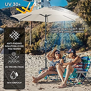 PORWEY 9' Patio Outdoor Table Umbrella Large Sun Market Umbrella with Easy Push Button Tilt and Crank, 6 Sturdy Ribs Fade Resistant Waterproof for Beach, Pool, Deck, Backyard, Tan