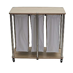 Household Essentials 7050-1 3 Bag Cart | Light Brown Triple Laundry Sorter with Folding Table, Walnut