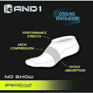 AND1 Men's Athletic Arch Compression Cushion Comfort No Show Socks (12 Pack), Size 6-12.5, Grey/Black